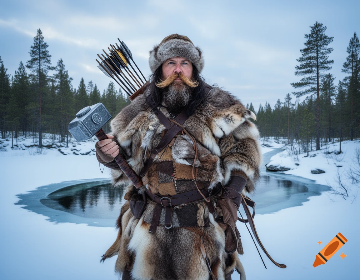 A man in fur clothing, with a large beard and mustache, holds a hammer ...