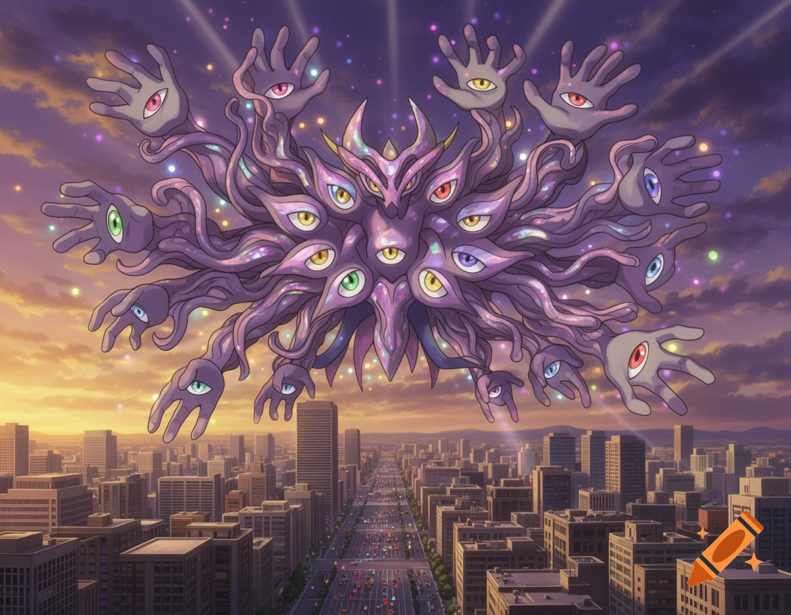 A purple, multi-eyed, multi-handed creature in a Pokémon cartoon style ...