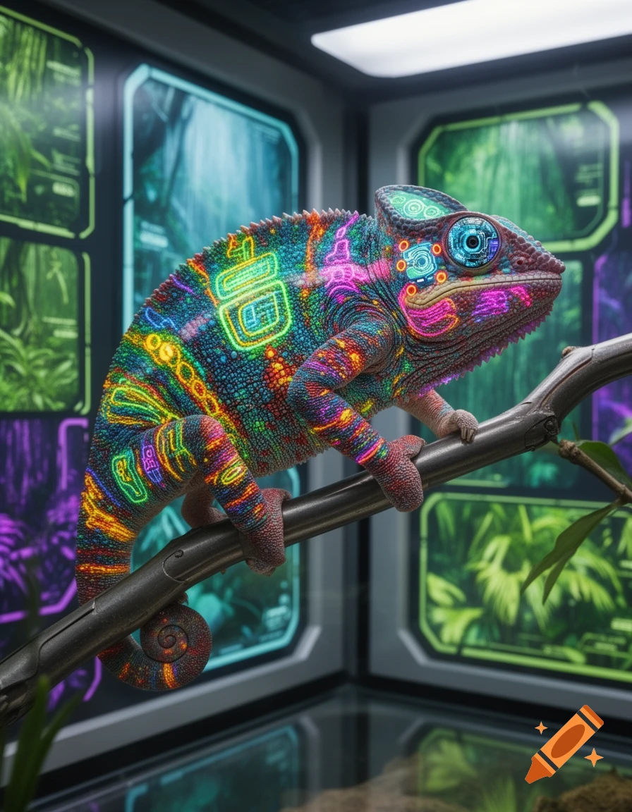 A vibrant, futuristic chameleon with neon-like glowing patterns on its ...