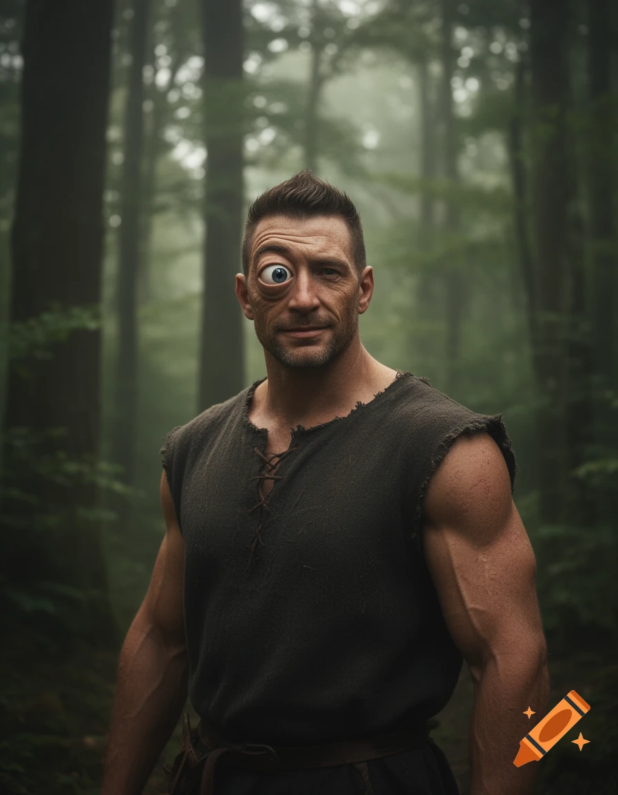 Photorealistic portrait of a handsome cyclops man in a dark, misty ...