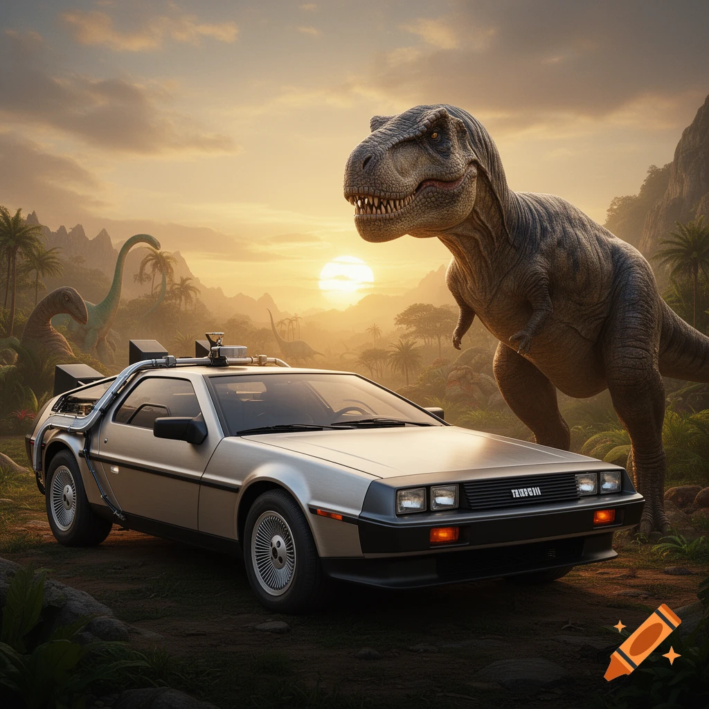 A photorealistic image of a DeLorean time machine parked in a ...