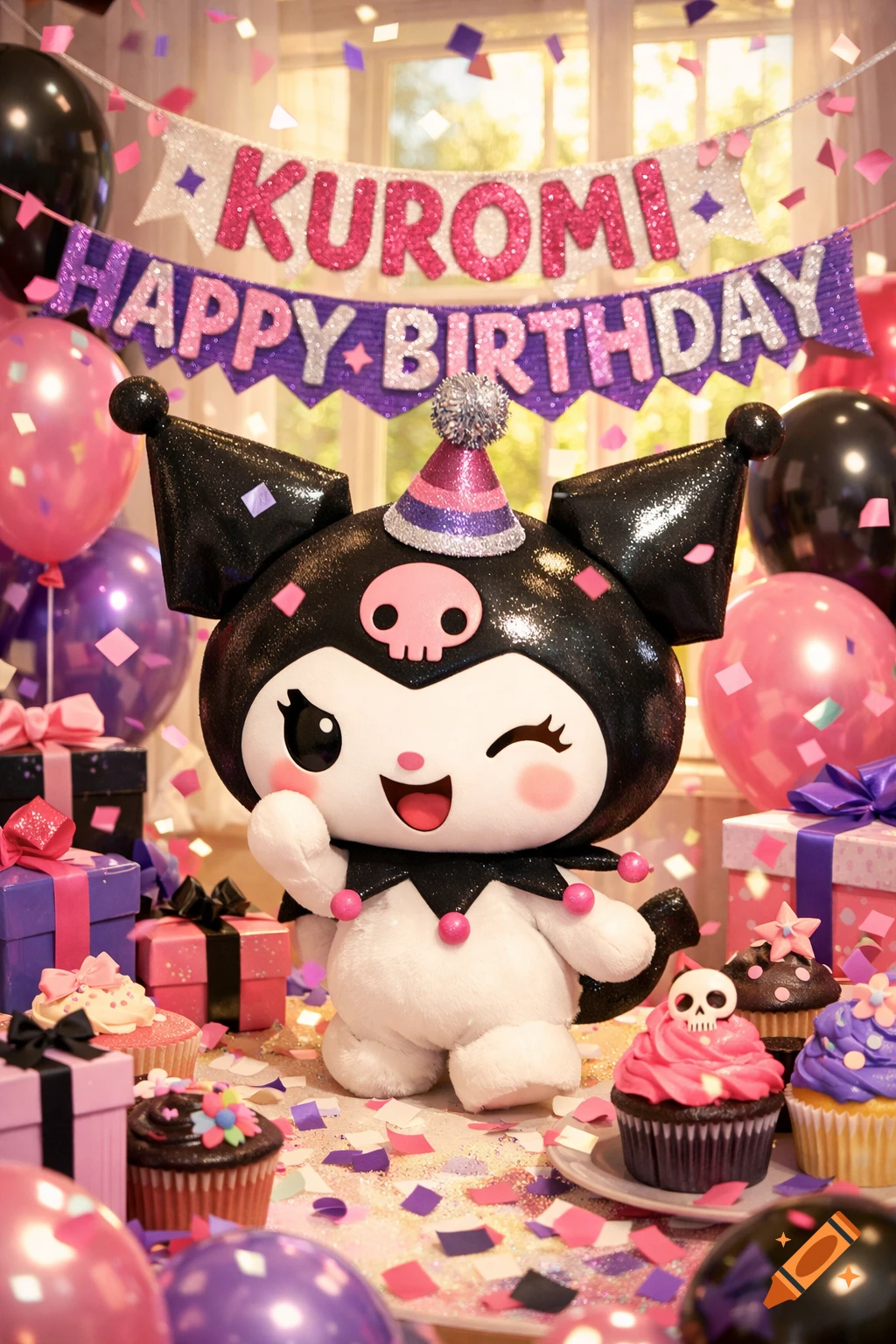 A cheerful Kuromi character at a birthday party, surrounded by pink and ...