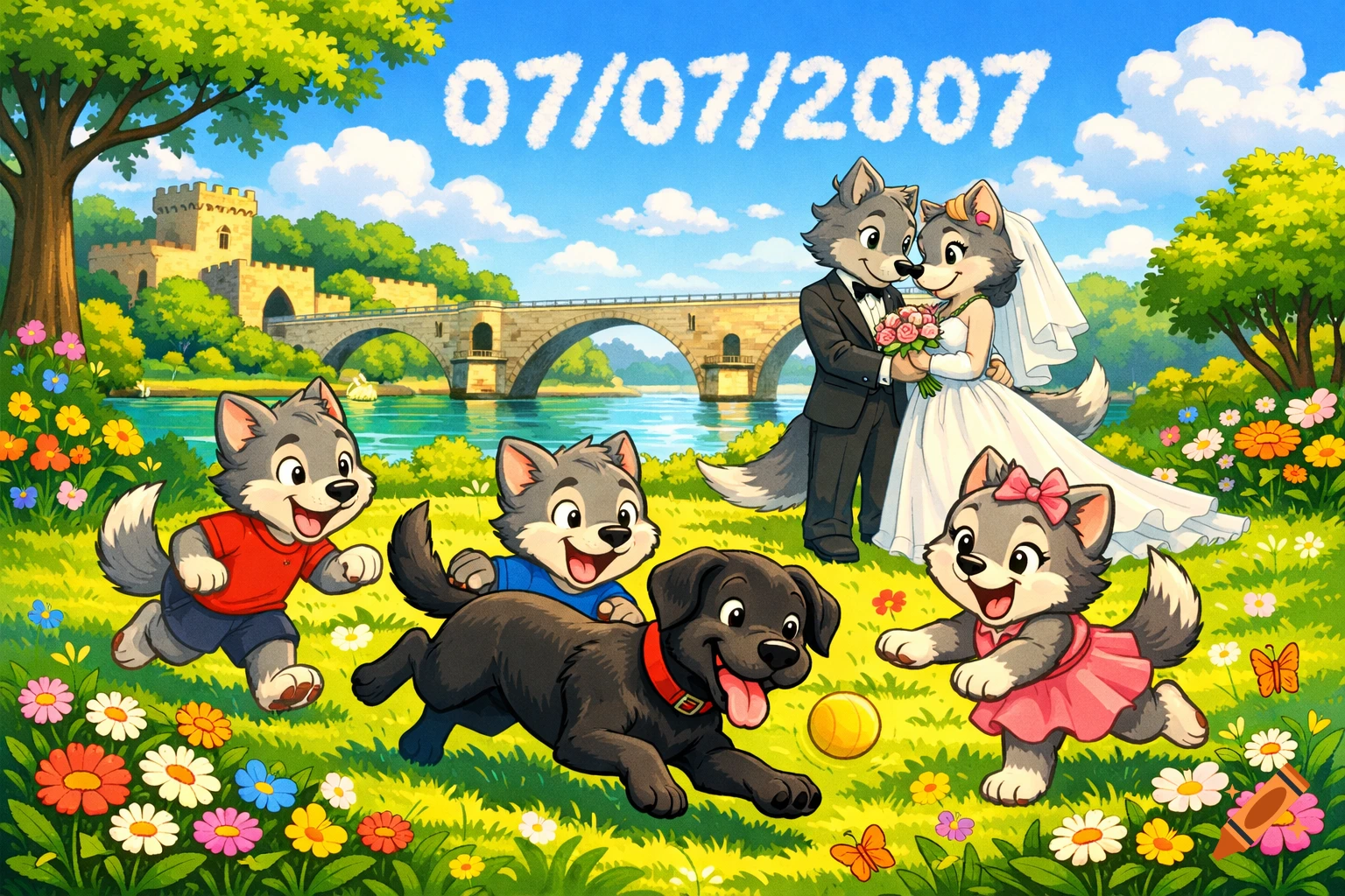 Cartoon wolf family, including a wedding couple and three cubs, plays ...