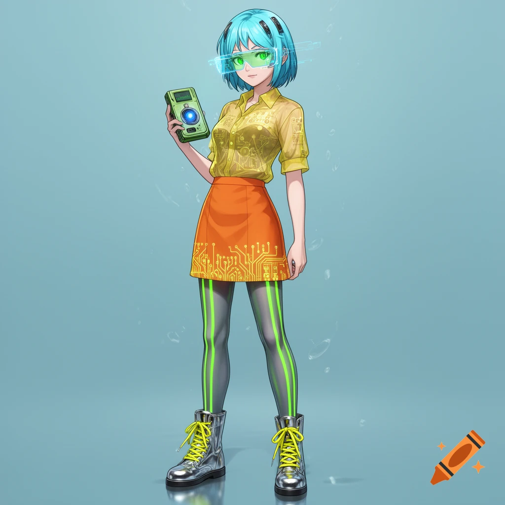 Anime-style cyborg woman with cyan hair, green eyes, cybercore glasses ...