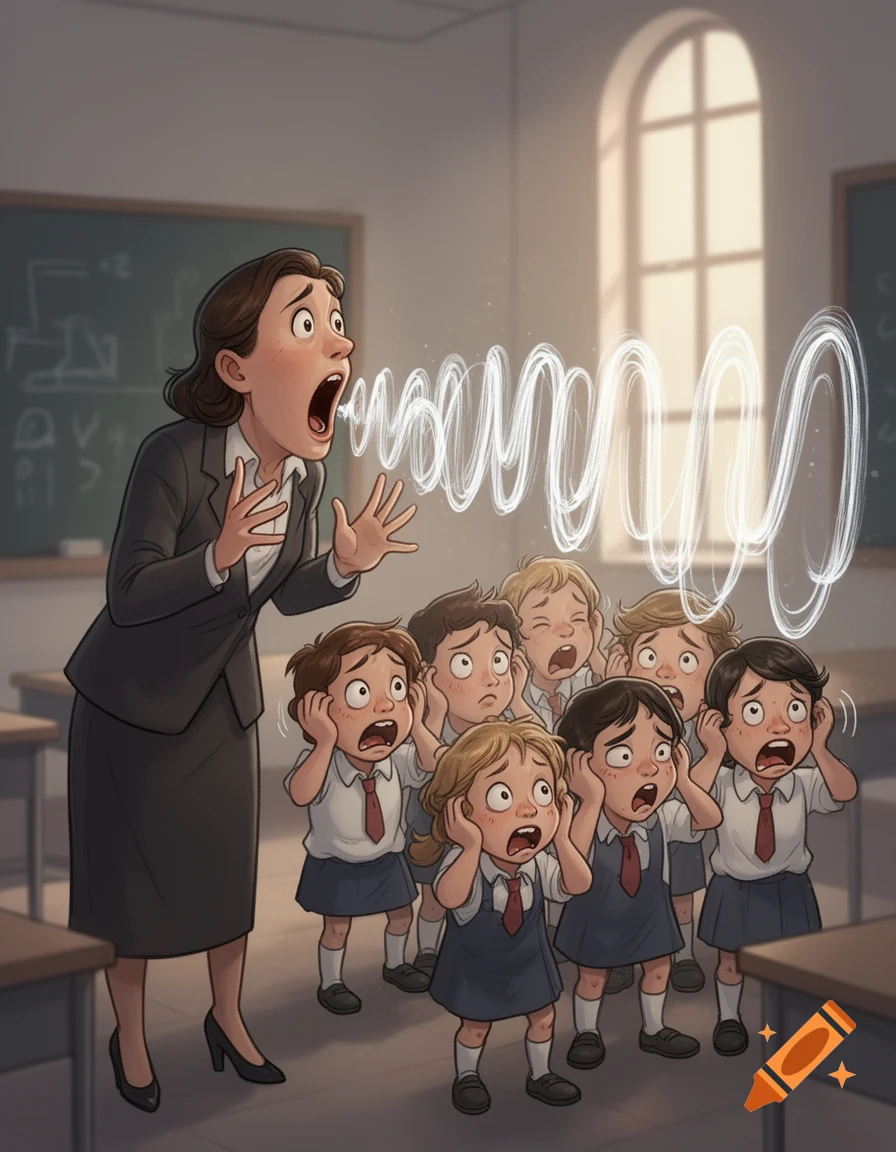 Cartoon illustration of a teacher yelling at terrified students in a ...