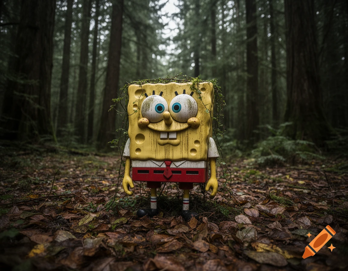 A moss-covered, abandoned Spongebob model stands in a dark, moody ...