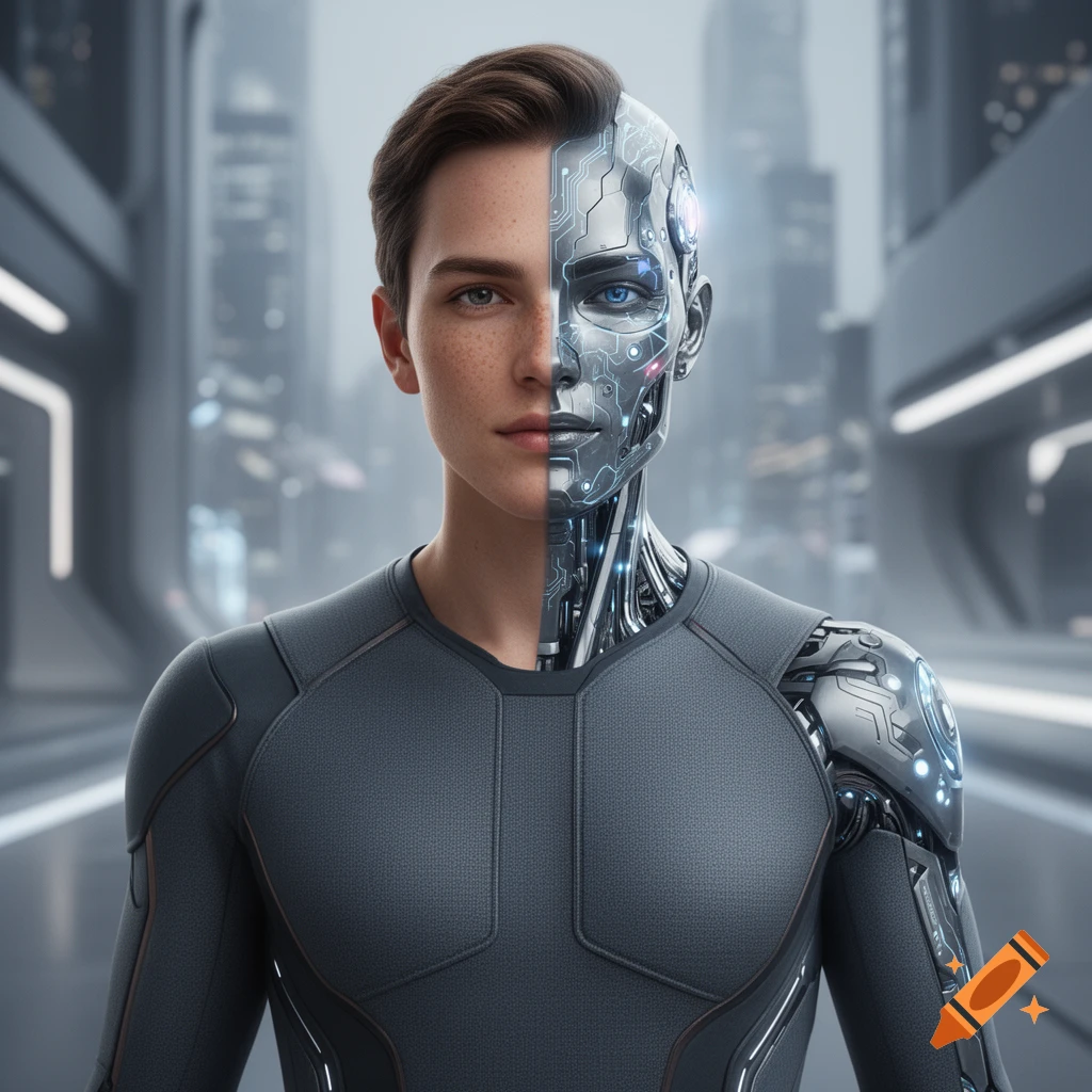 A portrait of a person with half human, half cyborg features, standing ...