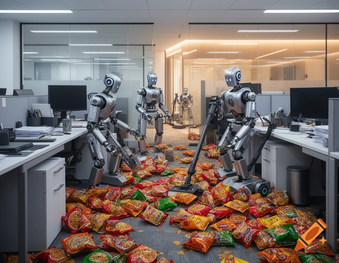 Photorealistic image of several robots cleaning up a large spill of ...