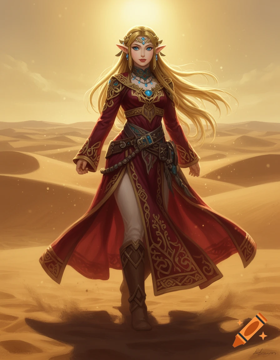 An illustration of Princess Zelda with long blonde hair and elf ears ...