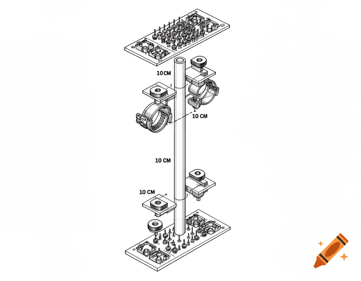 Black and white exploded view technical drawing of a vertical pole ...