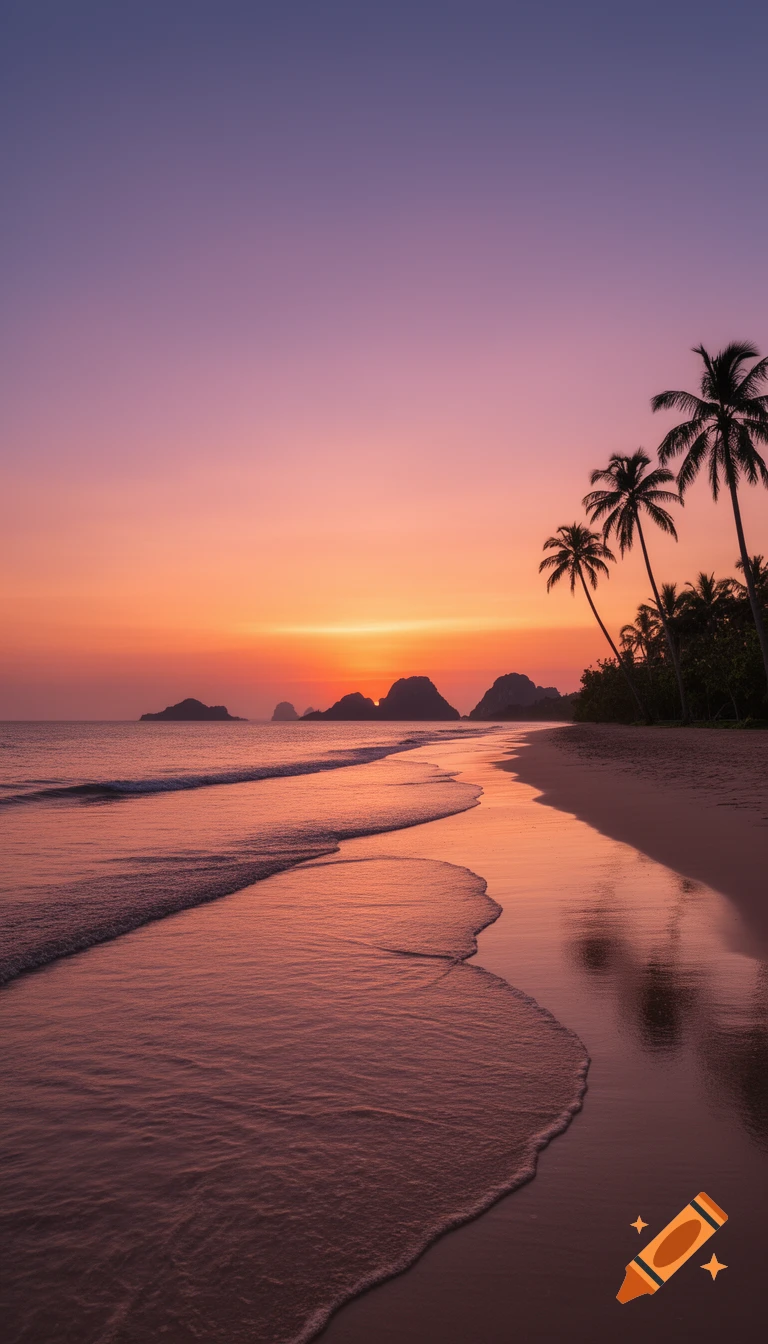 Photorealistic tropical beach sunset with waves, silhouetted palm trees ...