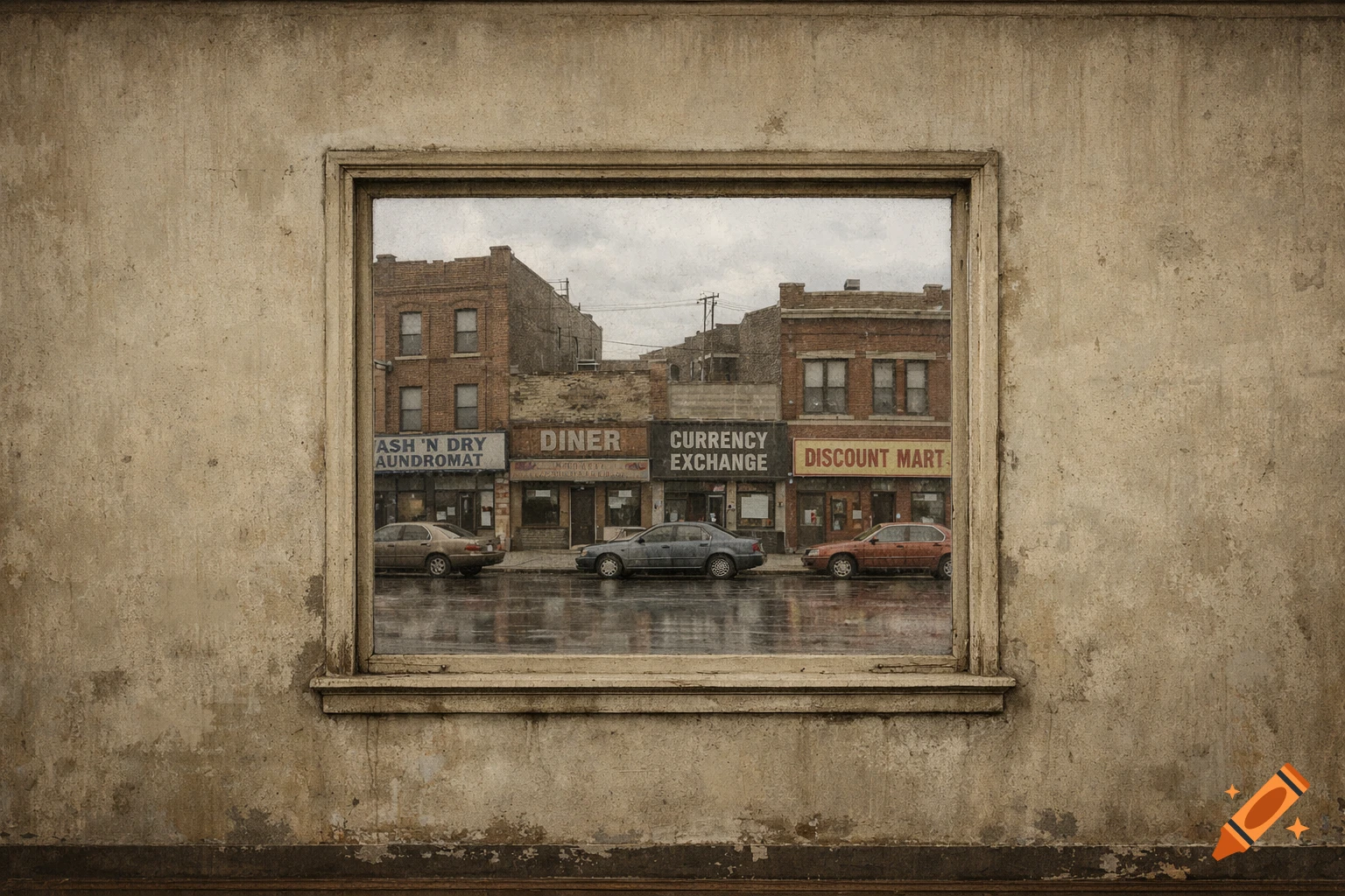 Photorealistic view through a window of a bleak 1980s Chicago street ...