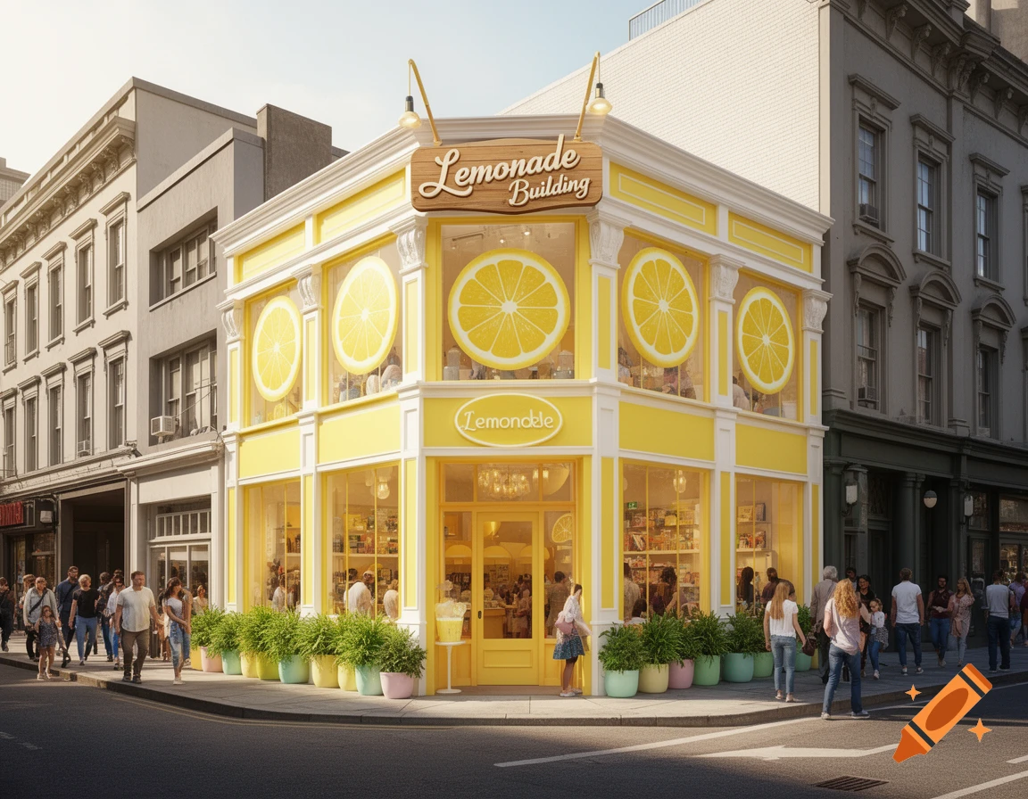 A bright yellow 'Lemonade Building' with large lemon slice windows on a ...