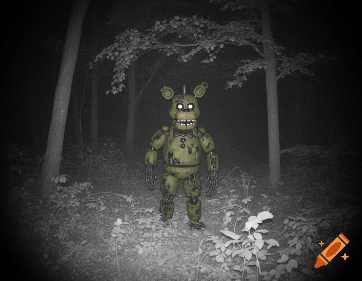Green animatronic Springtrap with glowing eyes stands in a dark, grainy ...