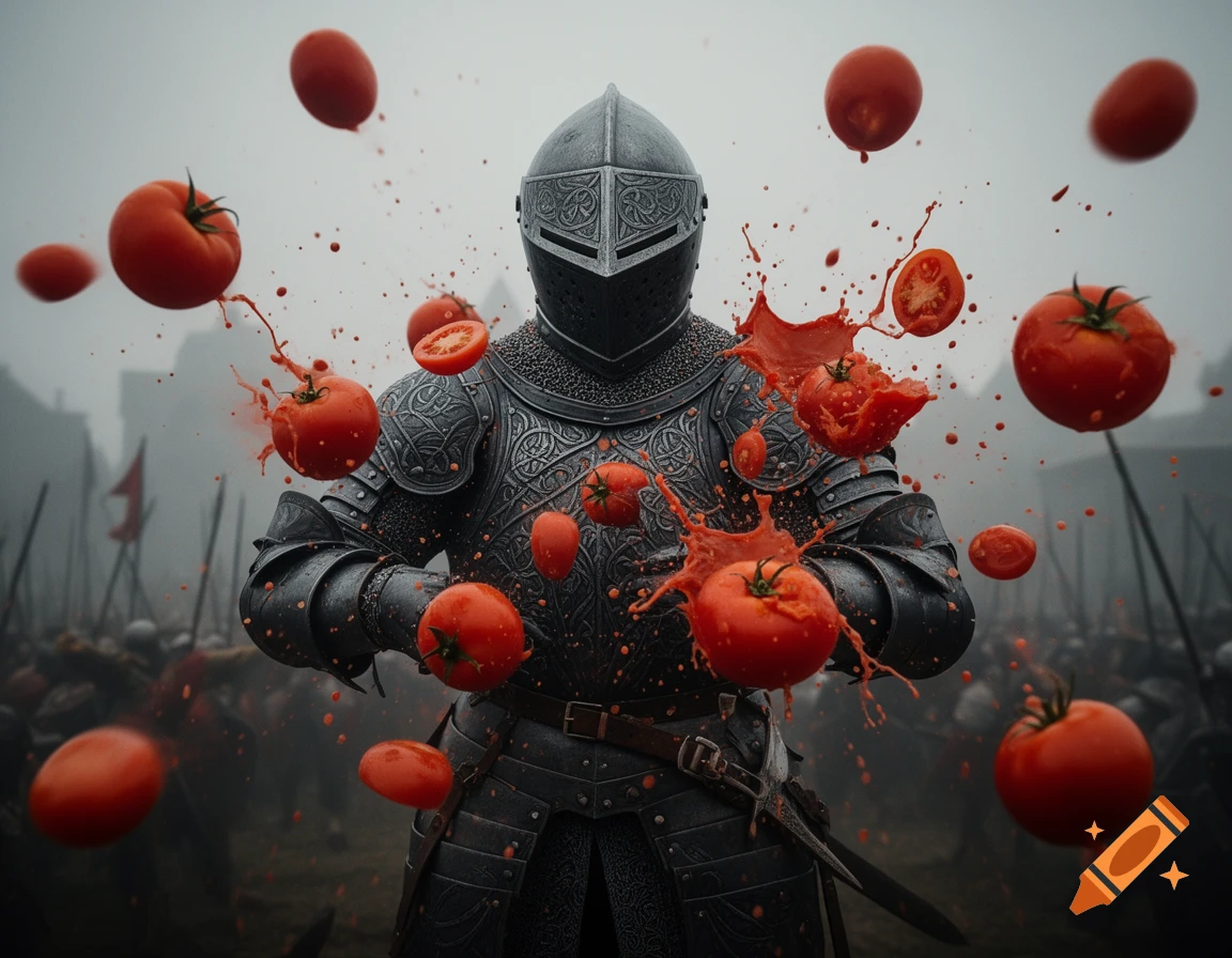 A knight in ornate dark armor stands on a misty battlefield as red ...