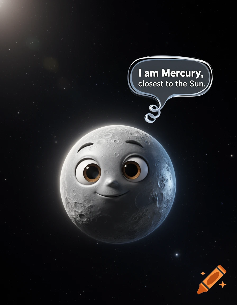 A cute, smiling cartoon planet Mercury floats in space with a speech ...