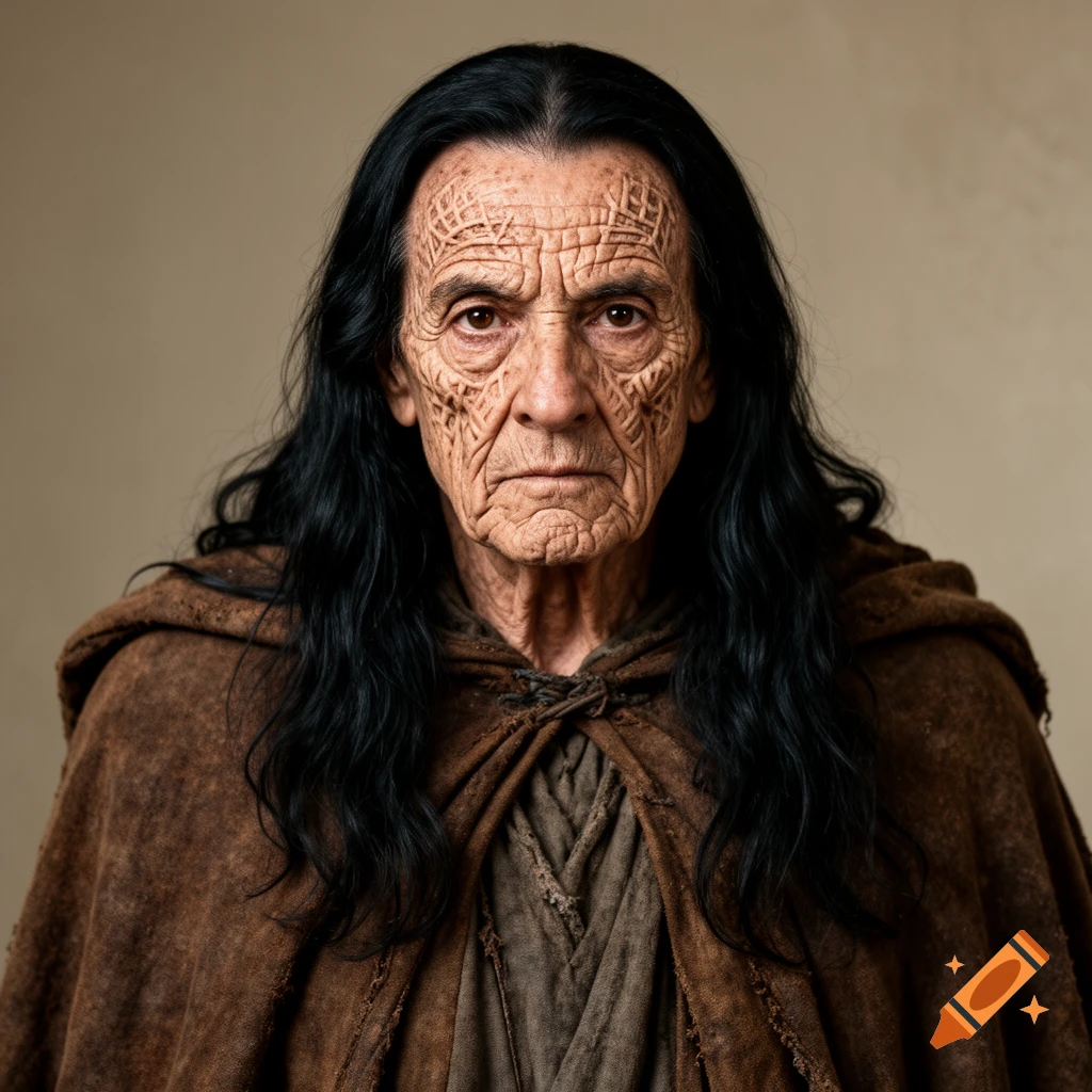 Close-up portrait of an old person with long black hair, a wrinkled ...