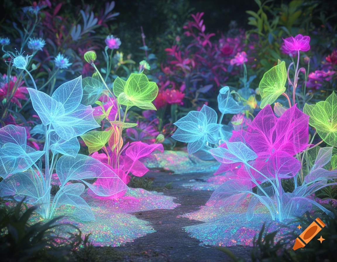 Vibrant, glowing translucent plants and flowers in blue, green, and ...
