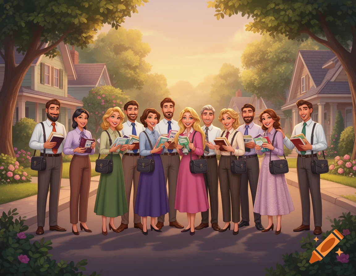 Group of smiling men and women in conservative clothing hold books and ...