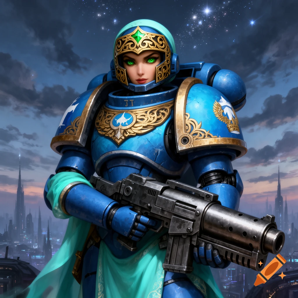 A female warrior in blue and gold power armor, with green eyes and a ...