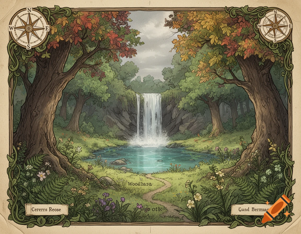 A fantasy-style map illustration of a lush forest clearing with a ...