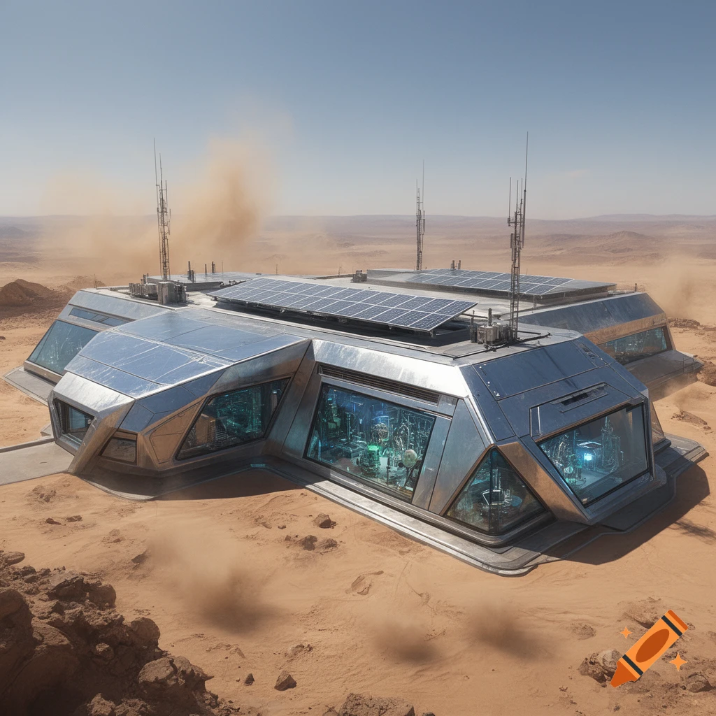 Photorealistic image of a high-tech, futuristic base with solar panels ...