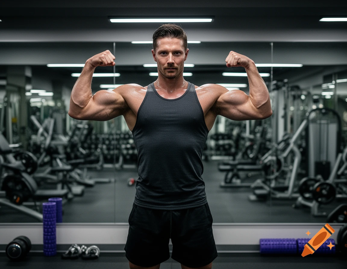 A muscular man in a tank top and shorts flexes his biceps while ...