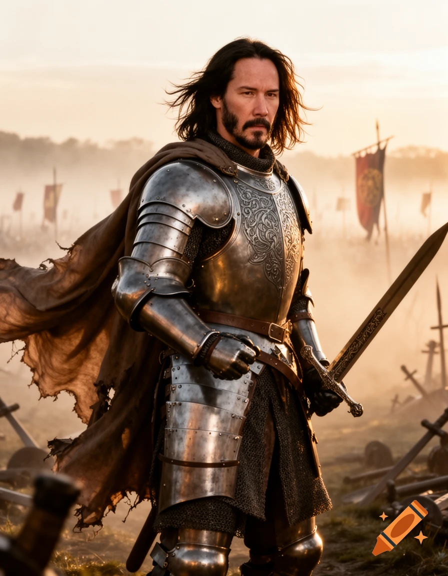 Photorealistic image of Keanu Reeves as a medieval knight in shining ...
