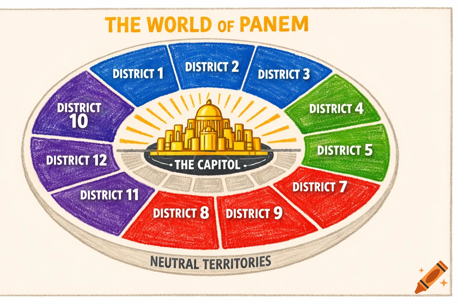 Crayon-style schematic map of The World of Panem with a central Capitol ...