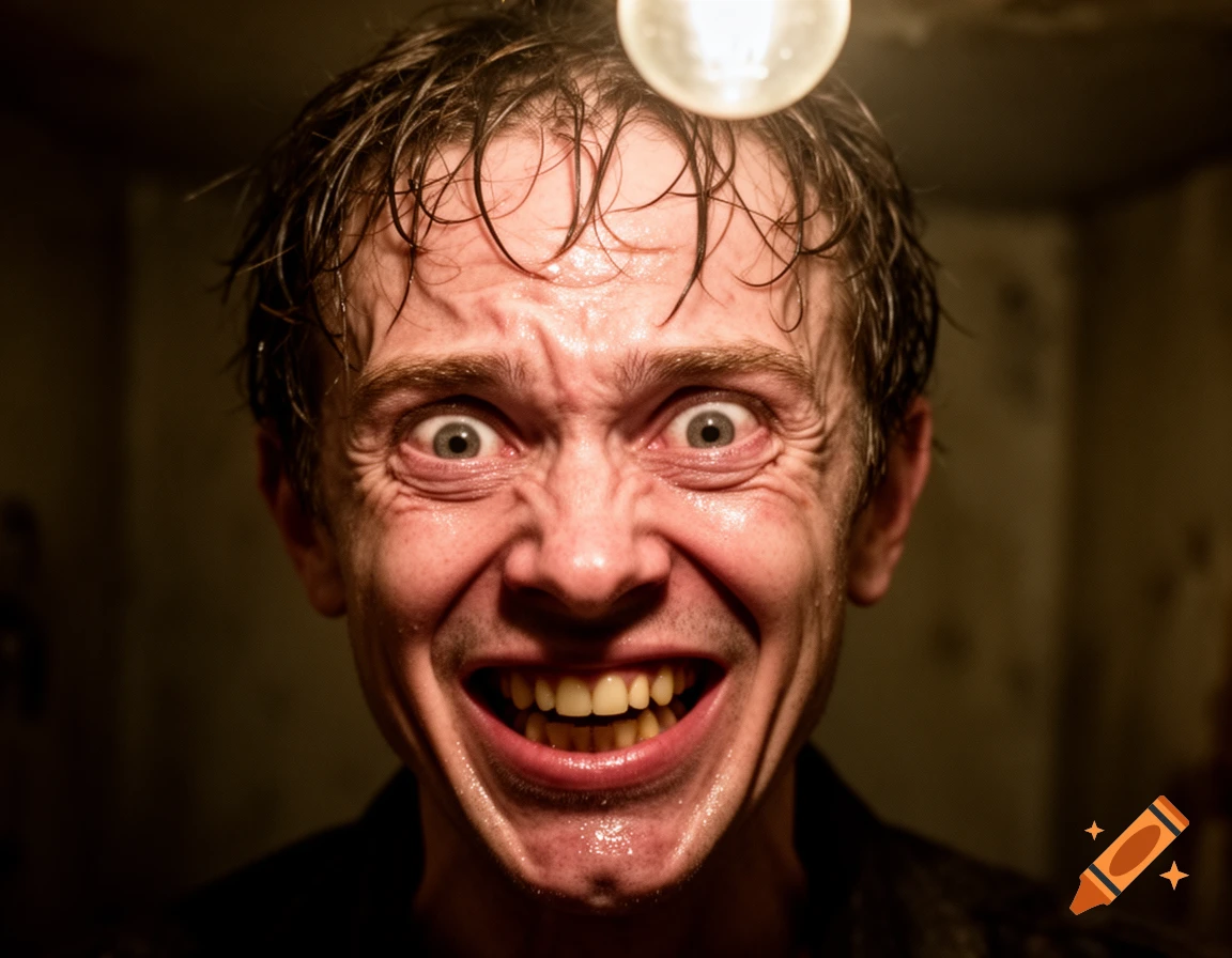 Close-up of a man with a hysterical, grotesque grin, wide eyes, and ...
