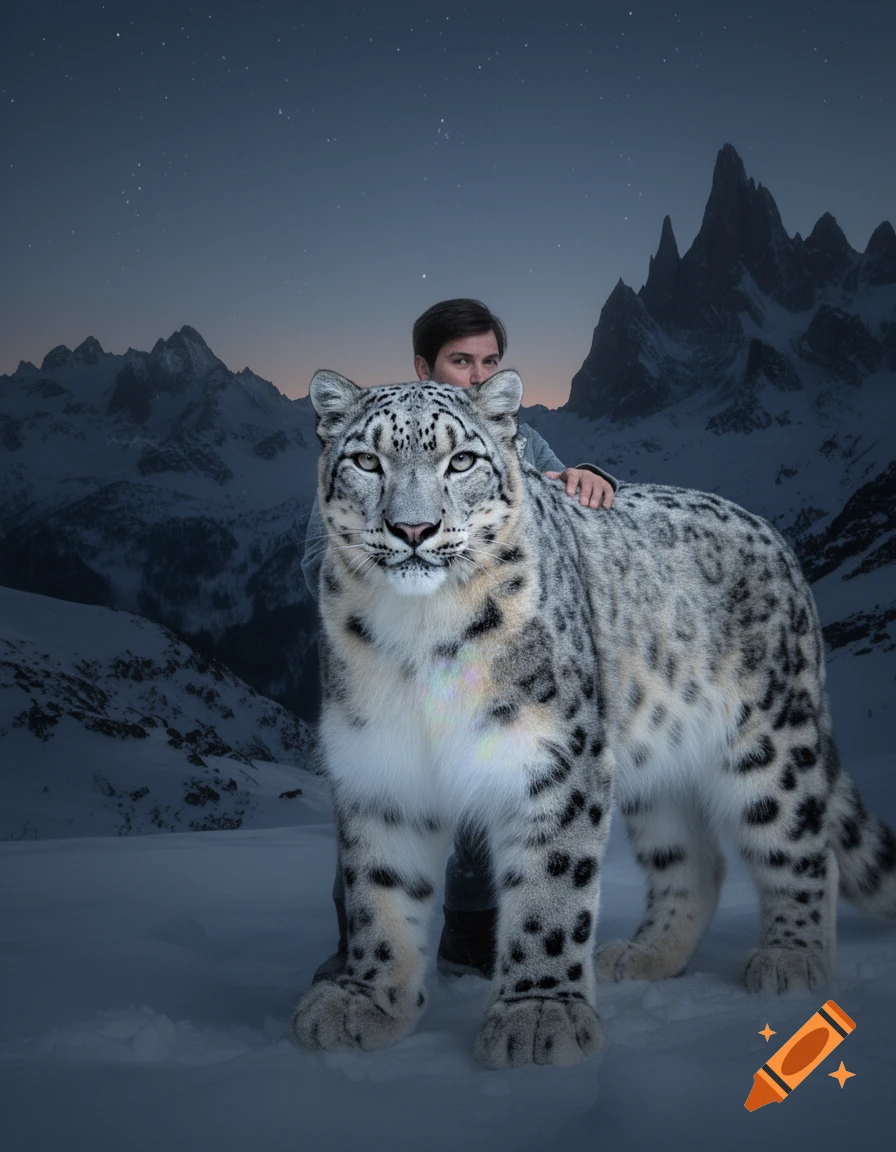 A person stands behind a giant snow leopard in a snowy mountain ...