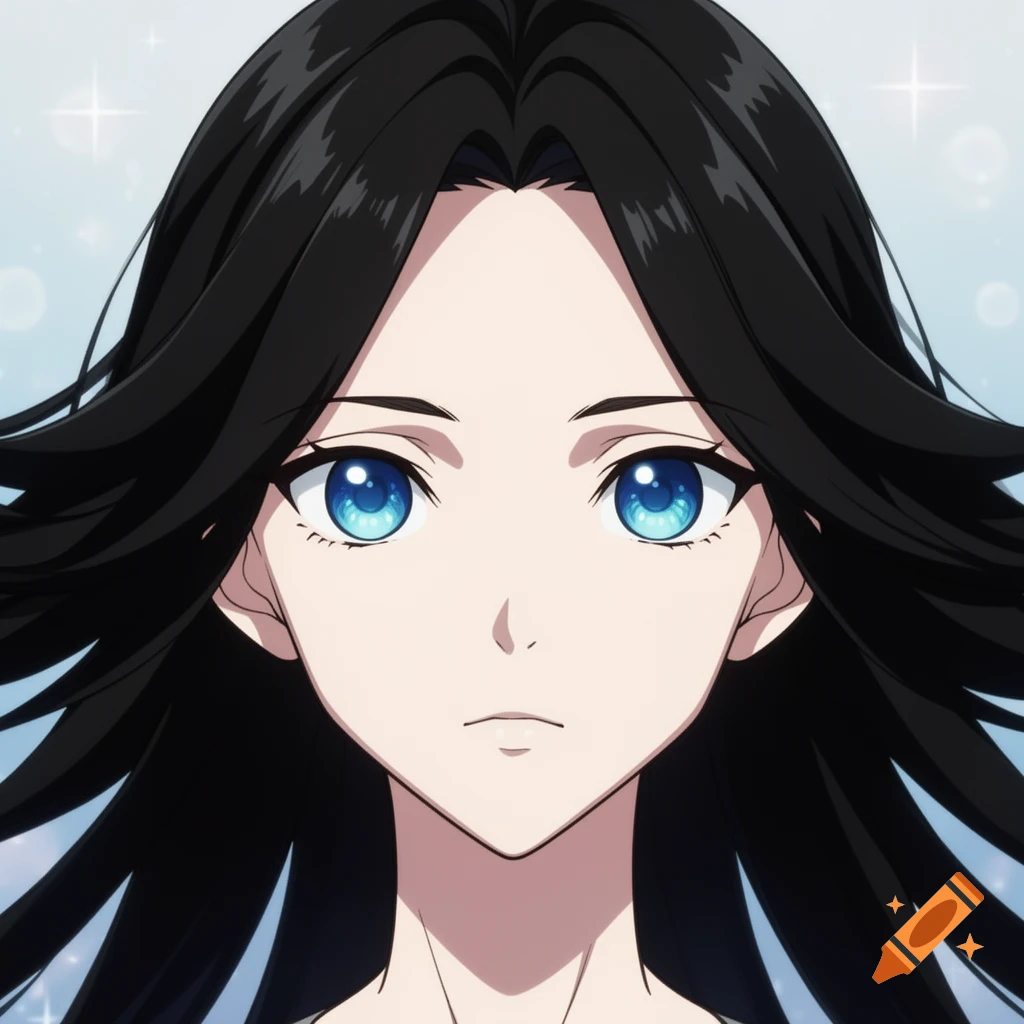 Close-up anime portrait of a character with long black hair, large blue ...