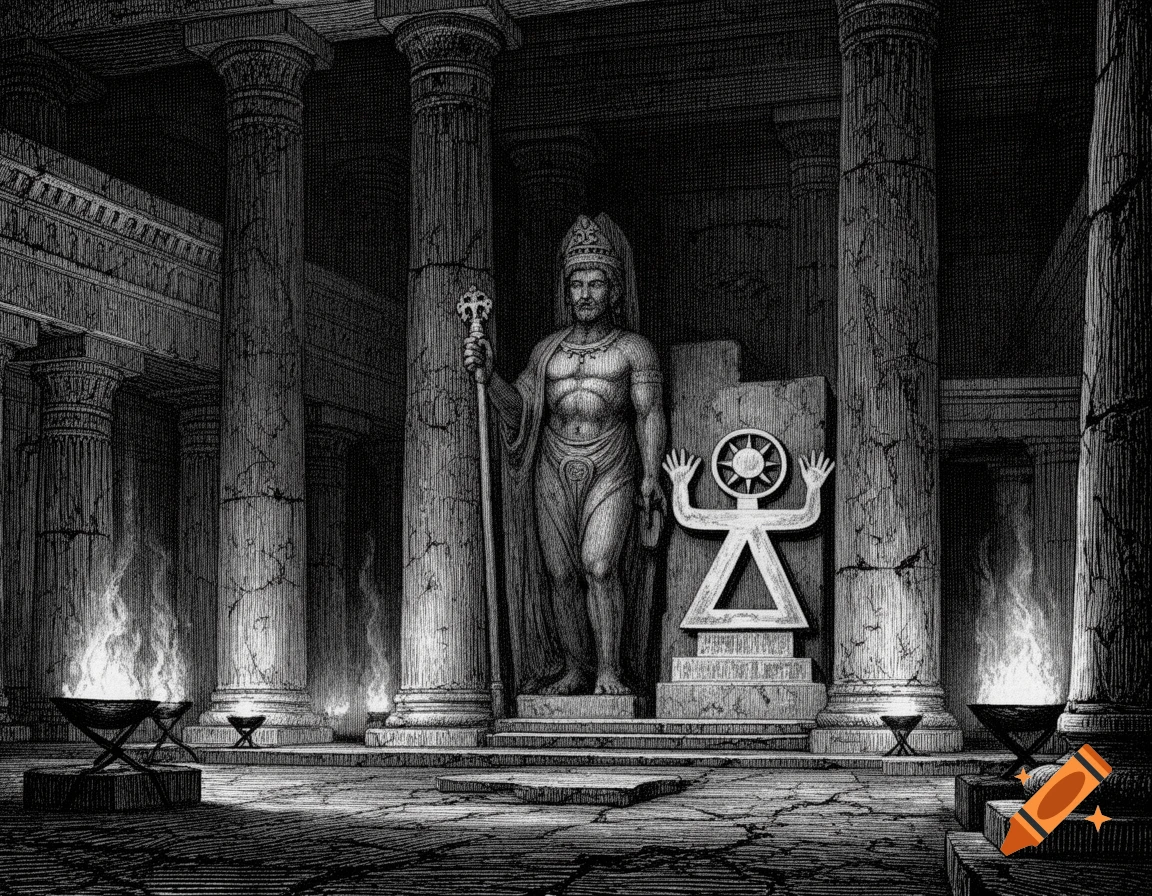 Black and white engraving of a Baal statue with a scepter, next to a ...