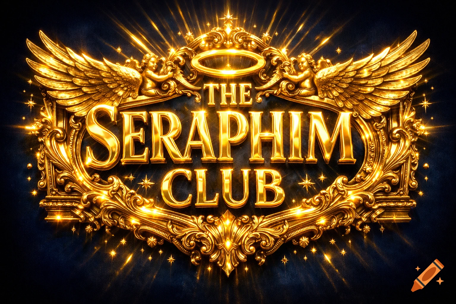 Ornate golden sign for 'THE SERAPHIM CLUB' with baroque details, angel ...