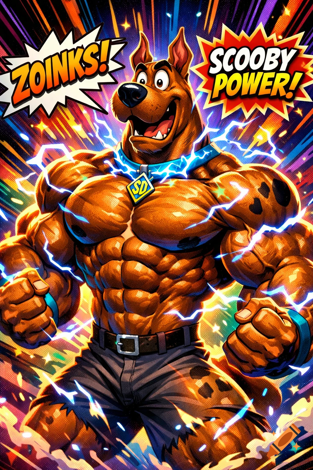 A muscular, brown Scooby-Doo flexing with electricity, surrounded by ...