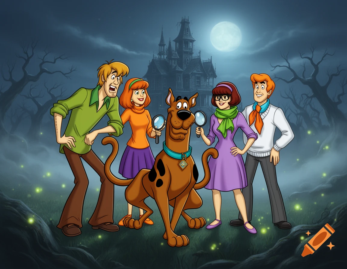 The Scooby-Doo gang, Shaggy, Daphne, Fred, Velma, and Scooby, stand in ...