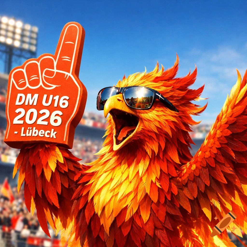 A vibrant phoenix wearing sunglasses, holding a foam finger with "DM ...