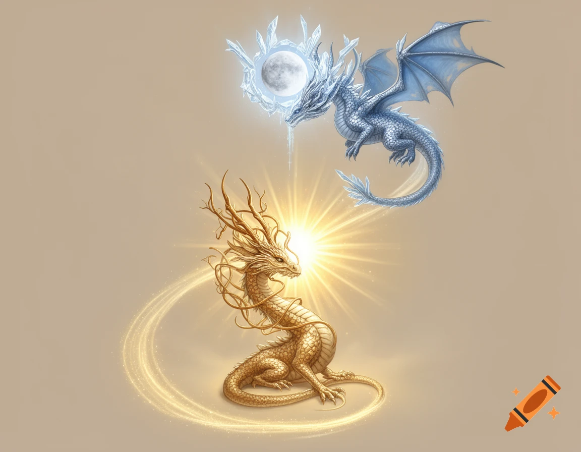 A golden dragon with vine-like horns sits below a radiant sun, while an ...
