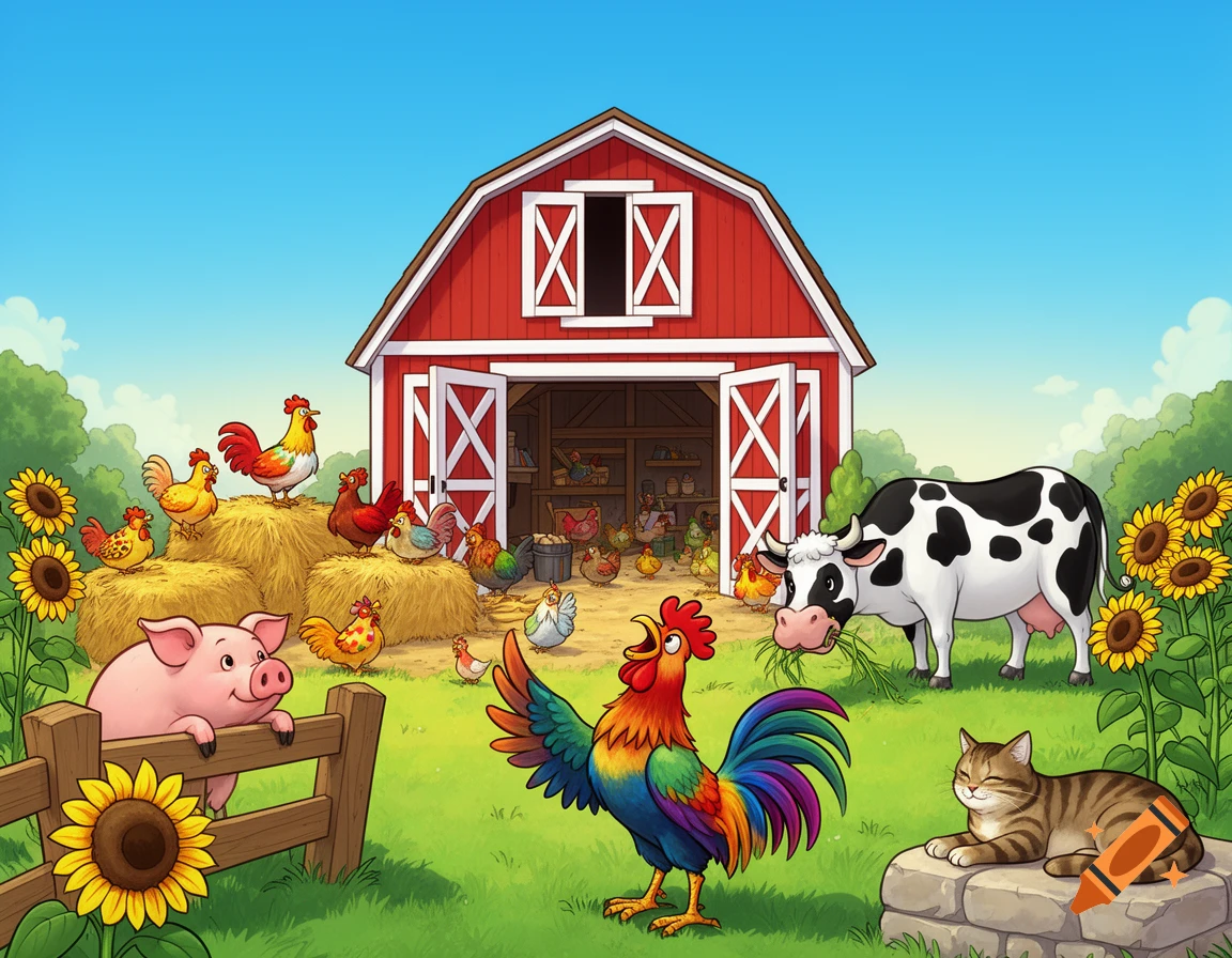 A vibrant cartoon farmyard scene with a crowing rooster, pig, cow ...