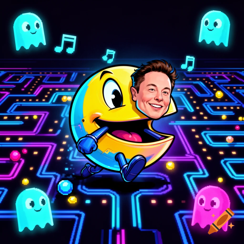 A cartoon Pac-Man character with Elon Musk's head, running through a ...