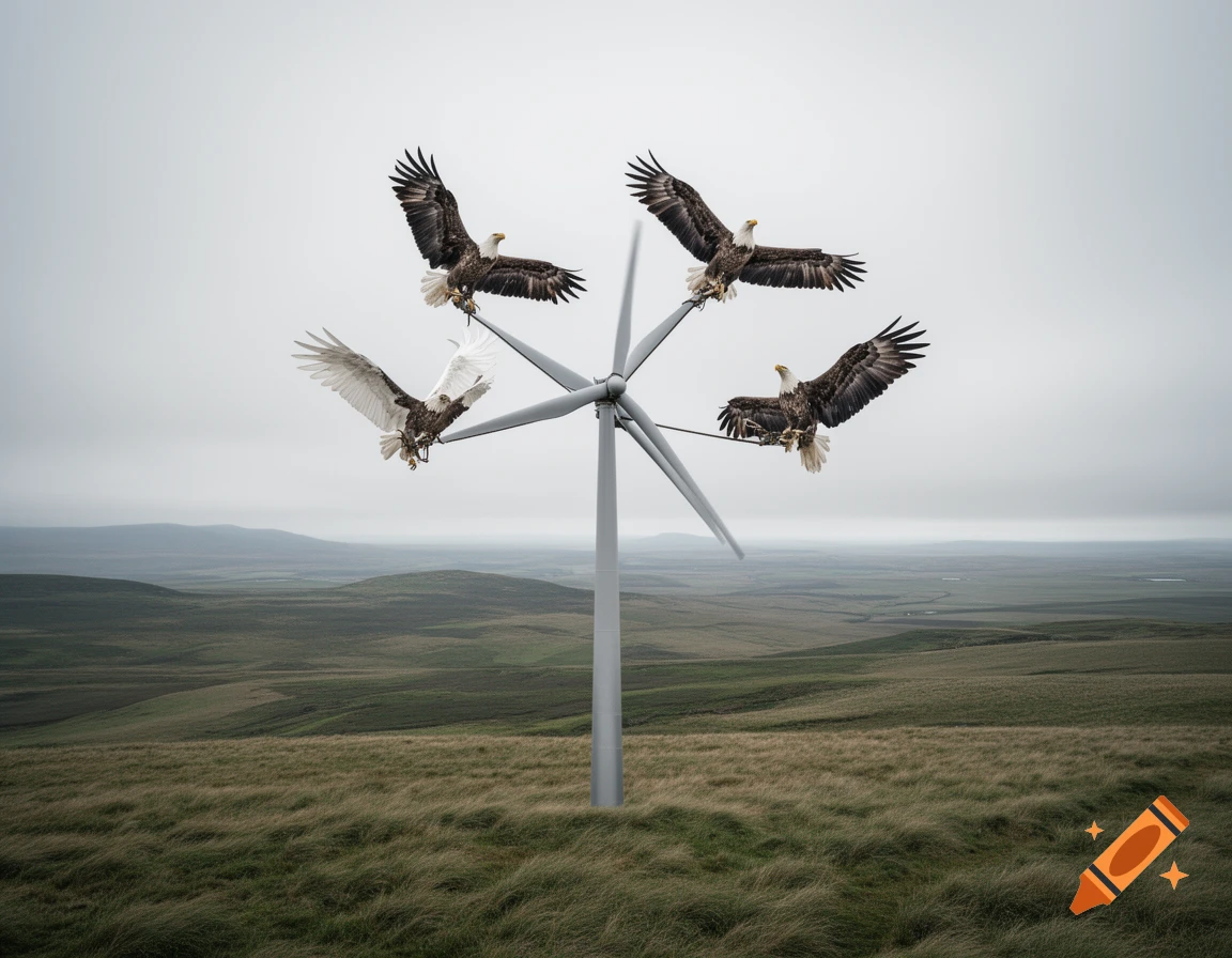 A photorealistic image of four large eagles with outstretched wings ...
