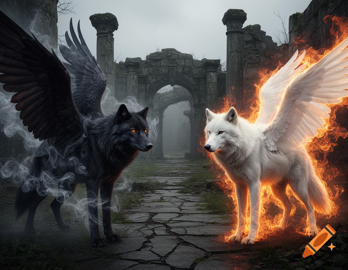 A black winged wolf wreathed in smoke faces a white winged wolf ...