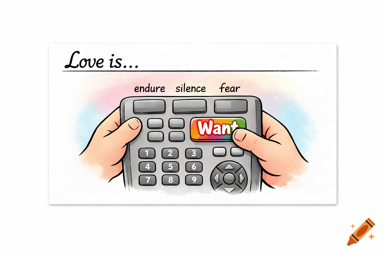 Cartoon illustration of hands holding a remote control with 'Want ...