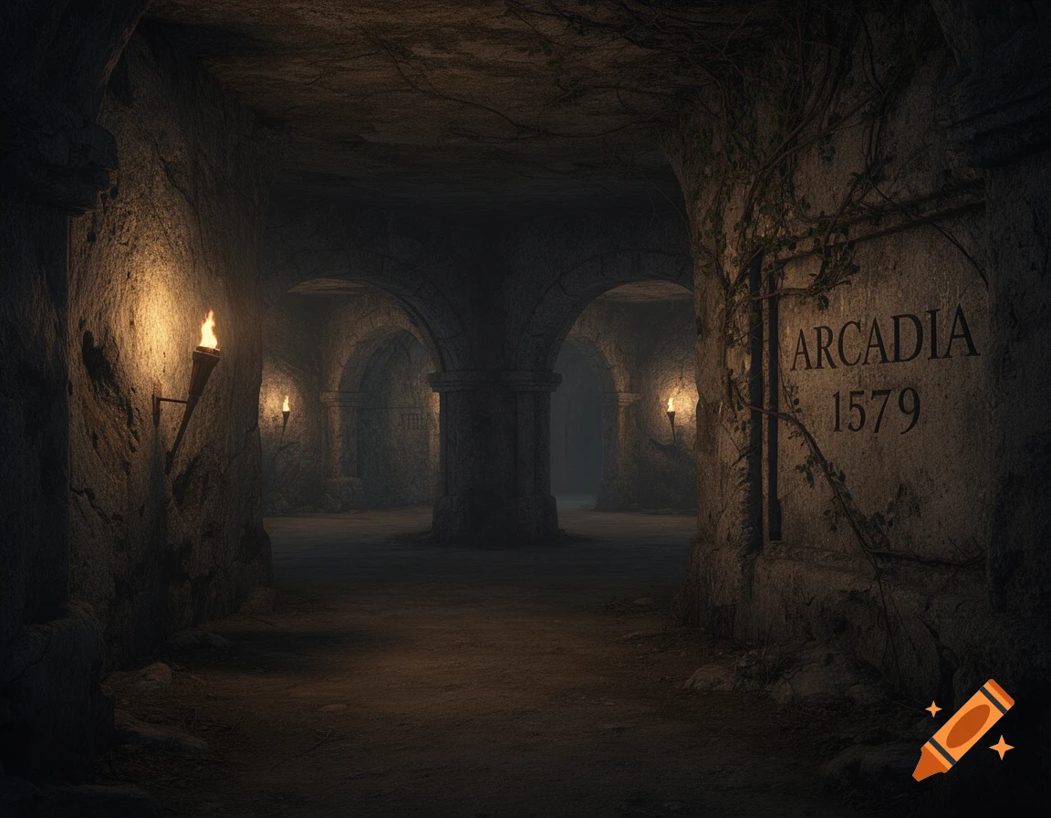 Dark, torch-lit stone catacombs with arched passages and 'ARCADIA 1579 ...