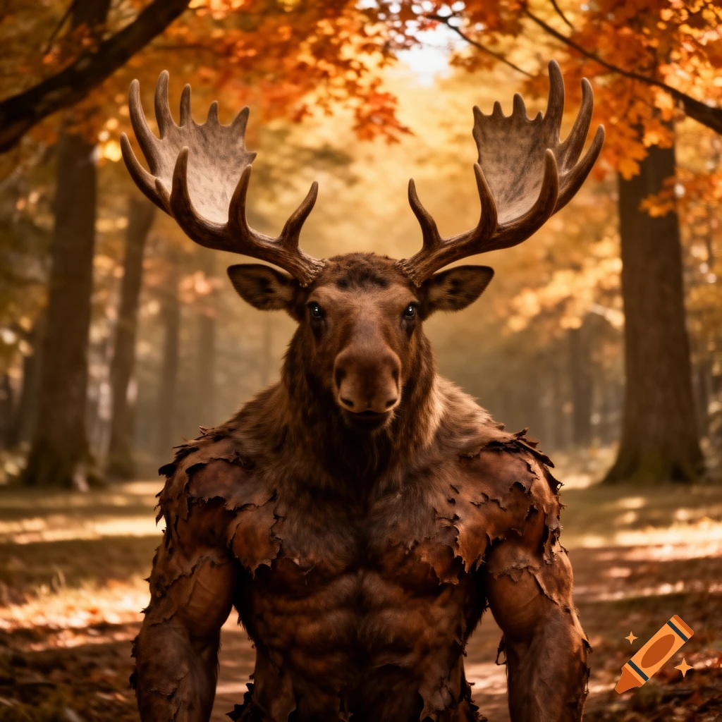 A photorealistic muscular moose man with large antlers stands in an ...