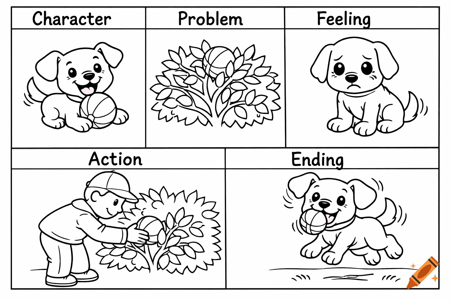 Five-panel B&W coloring worksheet for kids: a dog losing its ball, a ...