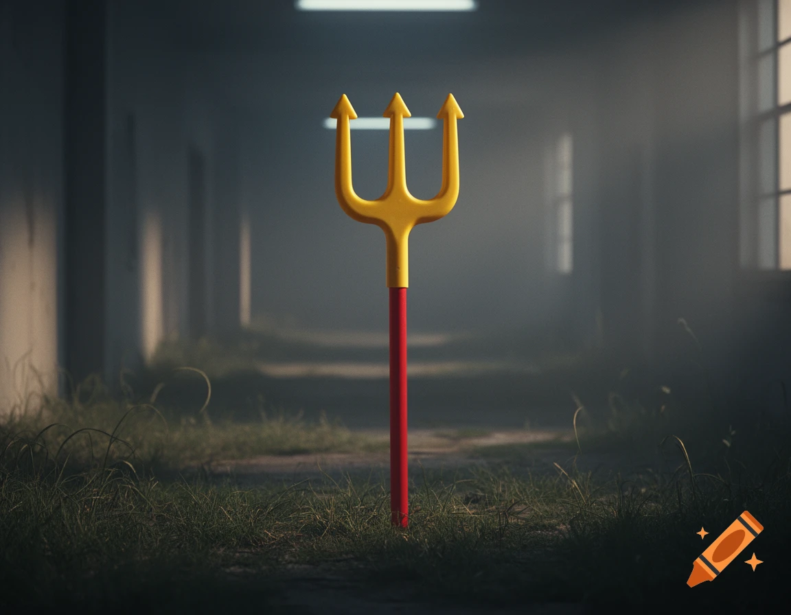 A yellow plastic trident with a red handle stands in a dusky, overgrown ...