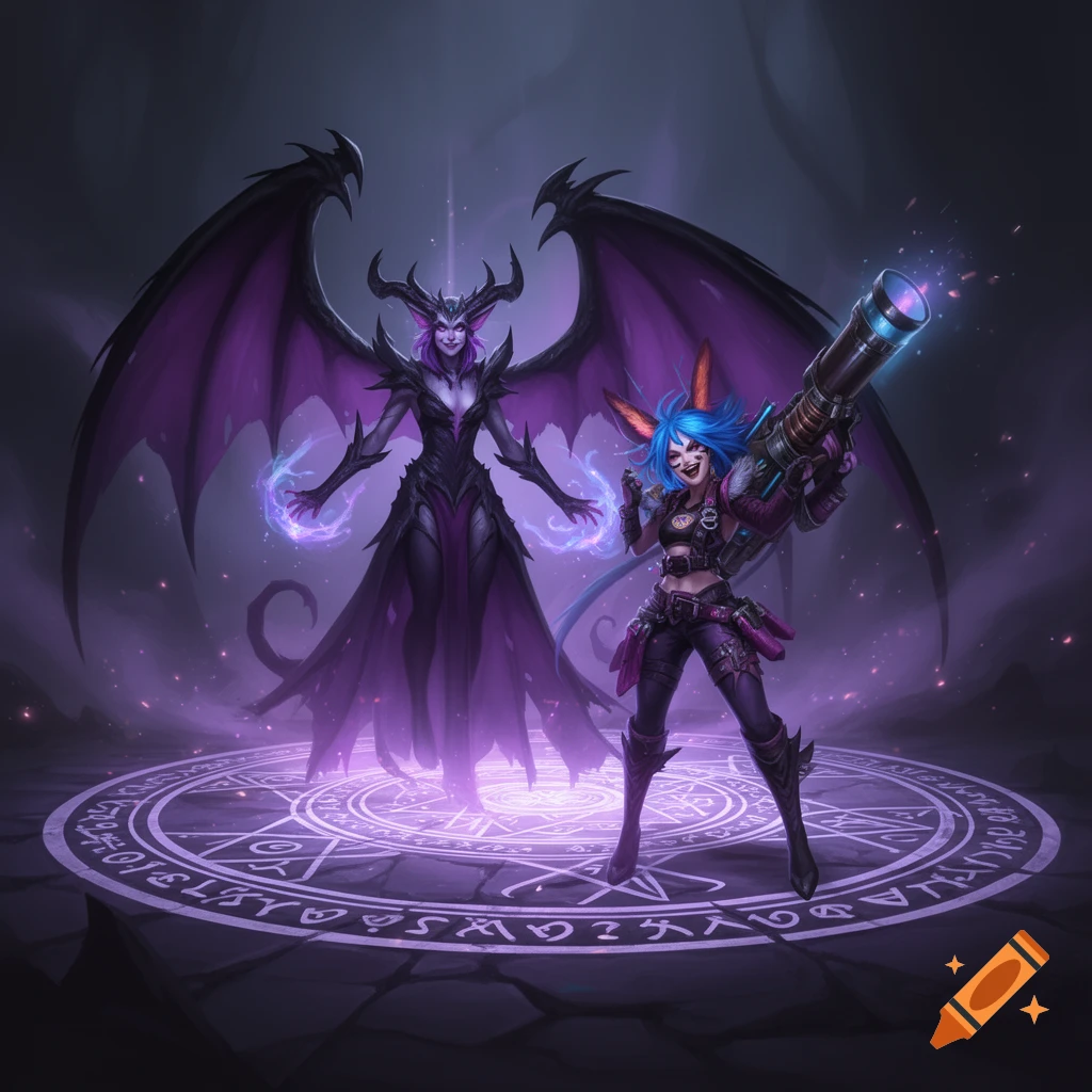 Morgana and Jinx from League of Legends on a glowing magical circle ...