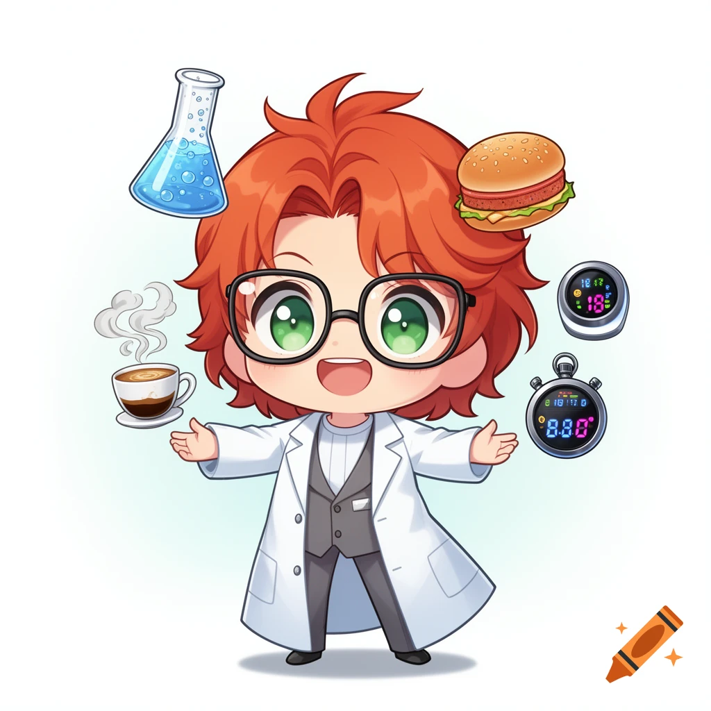 Chibi cartoon of a red-haired scientist in a lab coat and glasses ...