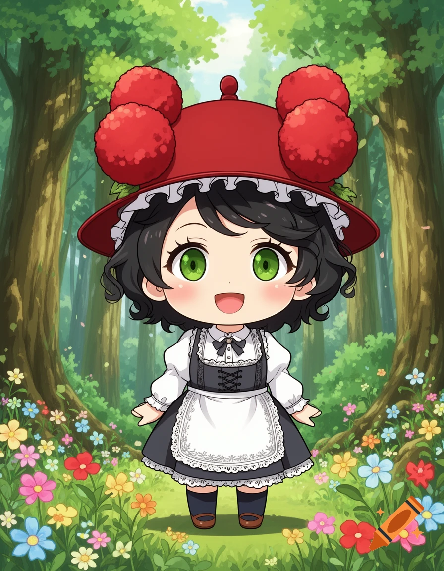 Chibi anime girl with a red hat and pom-poms, green eyes, black hair ...
